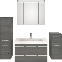 Badmöbel-Set SAPHIR "Balto Sprint 4-teilig, Mineralmarmor-Waschtisch mit LED-Spiegelschrank" Kastenmöbel-Sets Gr. B/H/T: 152 cm x 200 cm x 50,8 cm, 1 Mineralmarmor-Waschtisch weiß-1 Waschtischunterschrank mit 2 Auszügen-1 Spiegelschrank mit 3 Drehtüren-1 LED-Lichtkranz-1 Unterschrank mit 1 Drehtür, 1 Auszug-1 Midischrank mit 1 Drehtür, 2 Auszügen, grau (graphit struktur quer nachbildung) Bad-Spars