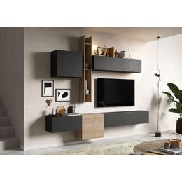 Wohnwand Inosign "INFINITY, 6tlg. Breite 262 cm, Höhe variabel, Schrankwand, Anbauwand", schwarz (eiche cadiz nb, lava), B:262cm H:220cm T:30cm, Kastenmöbel-Sets, (Lowboard hängend, 2x Hängeschrank, 2x Hängewürfel, Wandregal)