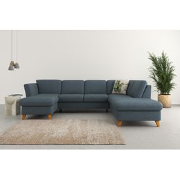 Wohnlandschaft Home Affaire "Trelleborg U-Form", blau (blaugrau), B:307cm H:86cm T:213cm, 100% Polyester, Sofas, Wohnlandschaft, Federkern-Polsterung, wahlweise mit Bettfunktion und Stauraum