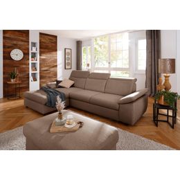Ecksofa Home Affaire "Mauritius L-Form", braun (hellbraun), B:287cm T:178cm, Struktur fein (100% Polyester);Luxus-Microfaser Lederoptik (100% Polyester);Soft clean (98% Polyester, 2% Polyamid), Sofas, Ecksofa, mit Kopfteil- und Armlehnverstellung, mit Bettfunktion und Bettkasten