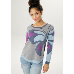 Strickpullover Aniston SELECTED, Damen, Gr. 36, bunt (grau, lila, rauchblau, hellblau), Feinstrick, Obermaterial: 50% Viskose, 26% Polyamid, 24% Polyester, Jacquardmuster, colorblocking, meliert, figurumspielend hüftbedeckend, Rundhals, Rippstrickbündchen, Pullover Strickpullover, mit eingestricktem Schmetterlingsmotiv