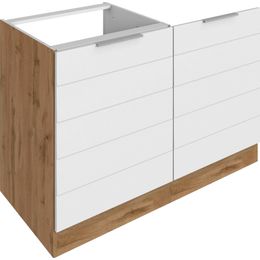 Spülenschrank KOCHSTATION "KS-Luhe" Schränke Gr. B/H/T: 120 cm x 82 cm x 60 cm, 1 St., weiß (weiß matt, wotaneiche) Spülenschränke 120 cm breit, hochwertige MDF-Fronten mit waagerechter Lisene