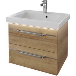 Waschtisch SAPHIR "Serie Balto Mineralmarmor-Waschtisch mit Unterschrank, 64,4 cm breit" Waschtische Gr. Griffe Chrom Glanz, LED, braun (riviera eiche quer nachbildung, riviera nachbildung) Waschtische Waschplatz mit 2 Schubladen, Badschrank in verschiedenen Ausführungen