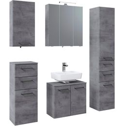 Badmöbel-Set SAPHIR "Quickset 945 5-teilig, Waschbeckenunterschrank mit LED-Spiegelschrank", grau (oxid dunkelgrau quer), Kastenmöbel-Sets, Unterschrank, Hängeschrank, Hochschrank, 9 Türen, inkl. Türdämpfer