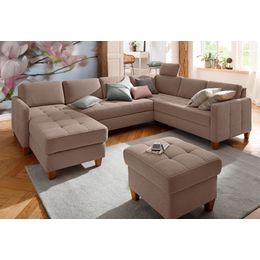 Wohnlandschaft Home Affaire "Earl U-Form", beige (dunkelbeige), B:292cm H:80cm T:204cm, Struktur fein (100% Polyester);Luxus-Microfaser ALTARA NUBUCK (100% Polyester);Luxus-Microfaser in Lederoptik (100% Polyester), Sofas, Wohnlandschaft, wahlweise auch mit Bettfunktion oder Bettfunktion mit Bettkasten