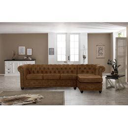 Chesterfield-Sofa Home Affaire "Rysum L-Form", braun (cognac), B:255cm H:72cm T:171cm, Luxus-Microfaser Lederoptik (100% Polyester);Kunstleder, Sofas, Chesterfield-Optik mit Ottomanen-Abschluß