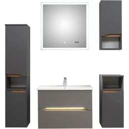Badmöbel-Set SAPHIR "Quickset 5-teilig, Keramik-Waschtisch mit LED-Spiegel", grau (quarzgrau matt touch, quarzgrau matt, akzent riviera eiche quer nb), Kastenmöbel-Sets, Midischrank, Unterschrank, Hängeschrank, inkl. Türdämpfer, 4 Türen