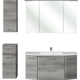 Badmöbel-Set SAPHIR "Quickset 4-teilig, Mineralmarmor-Waschtisch und LED-Spiegelschrank" Kastenmöbel-Sets Gr. B/H/T: 145 cm x 200 cm x 48 cm, grau (graphit struktur quer nachbildung) Bad-Sparsets Unterschrank, Hängeschrank, inkl. Türdämpfer, 7 Türen, 1 Klappe