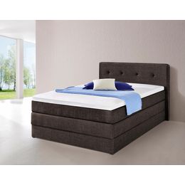 Boxspringbett Hapo, braun, Liegefläche B/L: 140cm x 200cm, kein Härtegrad, Bonnell-Federkernmatratze, Kopfteil, seitliche Unterbox und Obermatratze sind mit pflegeleichtem Feinstrukturstoff in Leinenoptik (100% Polyester) bezogen;Die Oberseite der Unterfederung und die Ober- und Unterseite der Obermatratze sind jeweils mit einem rutschhemmenden Stoff aus 100% Polyester bespannt., Komplettbetten, B