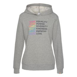 Hoodie Lascana "Pride", Damen, Gr. 32/34, grau (grau, meliert), angeraute Sweatware, Obermaterial: 60% Baumwolle, 40% Polyester, unifarben, Casual, bequem, Sweatshirts, mit Pride-Frontdruck
