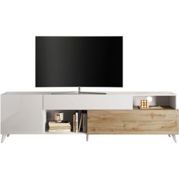 Lowboard Inosign "Monaco Breite 241 cm, TV-Schrank mit 1 Tür, Klappe u. Schubkasten" Sideboards Gr. B/H/T: 241 cm x 67 cm x 42 cm, 1, weiß (weiß hochglanz lack, eiche cadiz nb) Lowboards Fernsehtisch, TV-Board, SoftSelf Closing