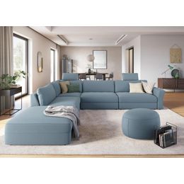Sit & More Ecksofa SIT & MORE "Cadabra L-Form", blau (hellblau), B:356cm H:80cm T:292cm, Samtoptik (100% Polyester);Soft clean (98% Polyester, 2% Polyamid);Struktur fein (100% Polyester), Sofas, Ecksofa, Breite 356 cm, mit Sitztiefenverstellung