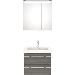 Badmöbel-Set SAPHIR "Balto Sprint 2-teilig, Mineralmarmor-Waschtisch mit LED-Spiegelschrank" Kastenmöbel-Sets Gr. B/H/T: 70 cm x 200 cm x 46 cm, 1 Mineralmarmor-Waschtisch weiß-1 Waschtischunterschrank mit 2 Auszügen-1 Spiegelschrank mit 2 Drehtüren-1 LED-Lichtkranz, grau (graphit struktur quer nachbildung) Bad-Sparsets Badezimmer Set inkl. Türdämpfer, 70 cm breit, 2 Türen, Schubladen