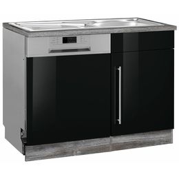 Spülenschrank KOCHSTATION "KS-Samos", schwarz (schwarz hochglanz, eiche vintage), B:110cm H:85cm T:60cm, Schränke, 110 cm breit, inkl. Tür/Sockel für Geschirrspüler