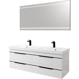 Badmöbel-Set SAPHIR "Balto 2-teilig Mineralmarmor-Doppelwaschtisch mit LED-Spiegel", weiß (weiß hochglanz mit schwarzer einlage), B:150cm H:200cm T:50,8cm, Spanplatte, Kastenmöbel-Sets, Waschplatz 150 cm breit, 4 Schubladen, inkl. Schubladendämpfer
