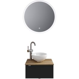 Badmöbel-Set SAPHIR "Serie 6915", schwarz (schwarz matt select, riviera eiche), B:51cm H:200cm T:35cm, Kastenmöbel-Sets, Gäste-Bad, mit LED-Spiegel und 1 Tür