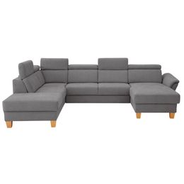 Wohnlandschaft Home Affaire "Conville U-Form", grau, B:322cm H:84cm T:217cm, 100% Polyester, Sofas, Wohnlandschaft, Kopfteilverstellung wahlweise mit Bettfunktion und Bettkasten