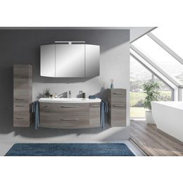 Badmöbel-Set SAPHIR "Cassca Sprint 4-teilig Mineralmarmor-Waschtisch mit LED-Spiegelschrank" Kastenmöbel-Sets Gr. B/H/T: 181 cm x 200 cm x 50,5 cm, 1 Mineralmarmor-Waschtisch weiß-1 Waschtischunterschrank mit 2 Auszügen, 2 Drehtüren-1 Spiegelschrank mit 3 Drehtüren-1 Aufsatzleuchte-1 Unterschrank mit 1 Drehtür, 1 Auszug-1 Midischrank mit 1 Drehtür, 2 Auszügen, grau (graphit struktur quer nachbildu