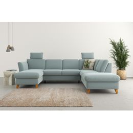 Wohnlandschaft Home Affaire "Trelleborg U-Form", blau (aqua), B:307cm H:86cm T:213cm, 100% Polyester, Sofas, Wohnlandschaft, Federkern-Polsterung, wahlweise mit Bettfunktion und Stauraum