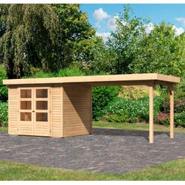 Gartenhaus Karibu "Arnis" Gartenhäuser Gr. ohne Fußboden, ohne Rück- und Seitenwand, ohne Dacheindeckung, beige (naturbelassen) Gartenhäuser aus Holz mit Anbaudach 2,80 m Breite