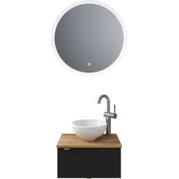 Badmöbel-Set SAPHIR "Serie 6915", schwarz (schwarz matt select, halifax eiche), B:51cm H:200cm T:35cm, Kastenmöbel-Sets, Gäste-Bad, mit LED-Spiegel und 1 Tür