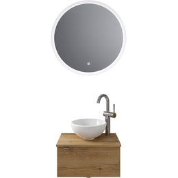 Badmöbel-Set SAPHIR "Serie 6915", braun (halifax eiche, halifax eiche), B:51cm H:200cm T:35cm, Kastenmöbel-Sets, Gäste-Bad, mit LED-Spiegel und 1 Tür