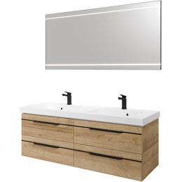 Badmöbel-Set SAPHIR "Balto 2-teilig Mineralmarmor-Doppelwaschtisch mit LED-Spiegel" Kastenmöbel-Sets Gr. B/H/T: 150 cm x 200 cm x 50,8 cm, ohne Beleuchtung, braun (riviera eiche quer nachbildung mit schwarzer einlage) Bad-Sparsets Waschplatz 150 cm breit, 4 Schubladen, inkl. Schubladendämpfer