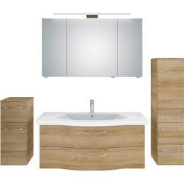 Badmöbel-Set SAPHIR "6005 Sprint 4-teilig, Keramik-Waschtisch mit LED-Spiegelschrank" Kastenmöbel-Sets Gr. B/H/T: 182 cm x 200 cm x 51,5 cm, 1 Keramikwaschtisch weiß-1 Waschtischunterschrank mit 2 Auszügen-1 Spiegelschrank mit 3 Drehtüren-1 LED-Aufsatzleuchte-1 Midischrank mit 1 Drehtür, 2 Auszügen-1 Unterschrank mit 1 Drehtür, 1 Auszug, braun (riviera eiche quer nachbildung) Bad-Sparsets Untersch