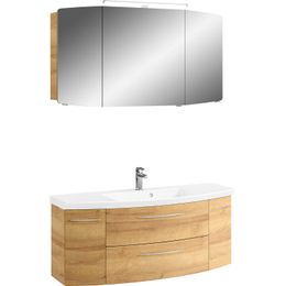 Badmöbel-Set SAPHIR "Cassca Sprint 2-teilig Mineralmarmor-Waschtisch mit LED-Spiegelschrank" Kastenmöbel-Sets Gr. B/H/T: 121 cm x 200 cm x 50,5 cm, 1 Mineralmarmor-Waschtisch weiß-1 Waschtischunterschrank mit 2 Auszügen, 2 Drehtüren-1 Spiegelschrank mit 3 Drehtüren-1 Aufsatzleuchte, braun (riviera eiche quer nachbildung) Bad-Sparsets Waschplatz 121 cm breit mit 5 Türen, 2 Schubladen, inkl. Türdämp