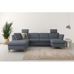 Wohnlandschaft Home Affaire "Trelleborg U-Form", blau (blaugrau), B:307cm H:86cm T:213cm, 100% Polyester, Sofas, Wohnlandschaft, Federkern-Polsterung, wahlweise mit Bettfunktion und Stauraum