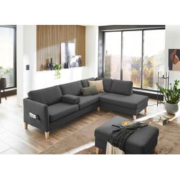 Ecksofa "Mailo L-Form", grau (anthrazit), B:255cm H:82cm, ATLANTIC HOME COLLECTION, Sofas, Ecksofa, mit Seitentaschen und Ottomane, mit Massivholzf&uuml;&szlig;en