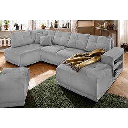 Wohnlandschaft Home Affaire "Viborg U-Form", grau (hellgrau), B:300cm H:91cm T:162cm, Filzoptik (100% Polyester);Struktur (100% Polyester);Struktur fein ( 100% Polyester), Sofas, Wohnlandschaft, mit Regal in der Armlehne, wahlweise mit Bettfunktion
