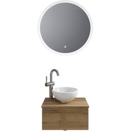 Badmöbel-Set SAPHIR "Serie 6915", braun (riviera eiche, riviera eiche), B:51cm H:200cm T:35cm, Kastenmöbel-Sets, Gäste-Bad, mit LED-Spiegel und 1 Tür