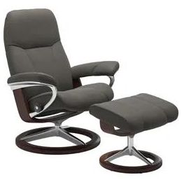 Relaxsessel stressless "Consul" Sessel Gr. Leder PALOMA, Signature Base Braun, BalanceAdaptTM-PlusTMSystem-Gleitsystem-Relaxfunktion-Drehfunktion-Kopfstützenverstellung-Rückteilverstellung, B/H/T: 82cm x 102cm x 72cm, grau (metal grey paloma) mit Hocker, Signature Base, Größe M, Gestell Braun