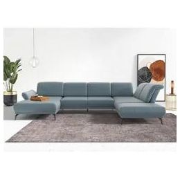 Wohnlandschaft Inosign "Coco U-Form" Sofas Gr. B/H/T: 382 cm x 88 cm x 242 cm, Breitcord, mega-Recamiere links, ohne Sitztiefenverstellung-ohne Armteilverstellung-ohne Kopfteilverstellung-ohne Federkern, blau (blau, grau) Sitztiefen-, Arm- und Kopfteilverstellung, Cord-Bezug, Fußhöhe 15 cm