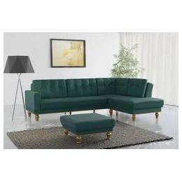 Sit & More Ecksofa SIT & MORE "Orient 5 V L-Form" Sofas Gr. B/H/T: 298cm x 90cm x 198cm, Samtoptik, Ottomane rechts, ohne Bettfunktion-ohne Bettkasten, grün (dunkelgrün) mit Strass-Stein, wahlweise Bettfunktion und Bettkasten