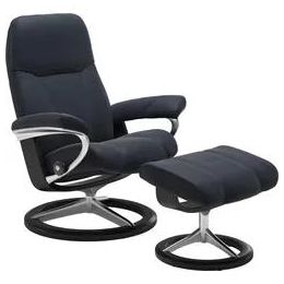 Relaxsessel stressless "Consul" Sessel Gr. Leder PALOMA, Signature Base Schwarz, BalanceAdaptTM-PlusTMSystem-Gleitsystem-Relaxfunktion-Drehfunktion-Kopfstützenverstellung-Rückteilverstellung, B/H/T: 91cm x 102cm x 79cm, blau (shadow blue paloma) mit Hocker, Signature Base, Größe L, Gestell Schwarz