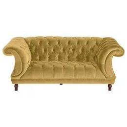 Chesterfield-Sofa Max Winzer "Isabelle" Sofas Gr. B/H/T: 200cm x 80cm x 100cm, Samtvelours 20442, gelb (mais) Knopfheftung & gedrechselten Füßen in Buche Nussbaum, Breite 200 cm