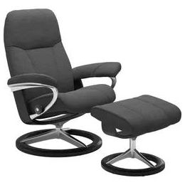 Relaxsessel stressless "Consul" Sessel Gr. ROHLEDER Stoff Q2 FARON, Signature Base Schwarz, BalanceAdaptTM-PlusTMSystem-Gleitsystem-Relaxfunktion-Drehfunktion-Kopfstützenverstellung-Rückteilverstellung, B/H/T: 91cm x 102cm x 79cm, grau (dark grey q2 faron) mit Hocker, Signature Base, Größe L, Gestell Schwarz