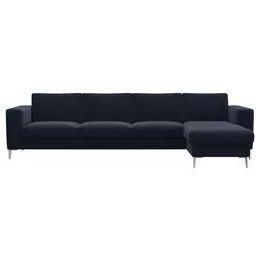 Ecksofa FLEXLUX "Fiore, super Sitzkomfort durch Kaltschaum im Sitz, L-Form" Sofas Gr. B/H/T: 295cm x 85cm x 159cm, Velvet, Chaiselongue rechts, blau (royal blau) breite Armlehnen, Füße Alu