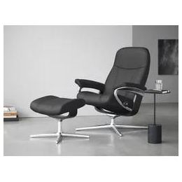 Relaxsessel stressless "Consul" Sessel Gr. Leder PALOMA, Cross Base Schwarz, L, Relaxfunktion-Drehfunktion-PlusTMSystem-Gleitsystem-BalanceAdaptTM, B/H/T: 91cm x 102cm x 79cm, grau (rock paloma) mit Hocker, Cross Base, Größe S, M & L, Holzakzent Schwarz