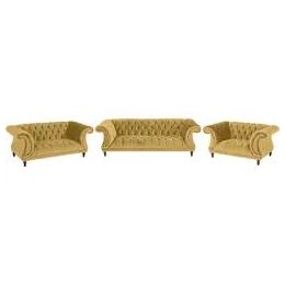 Chesterfield-Sofa Max Winzer "Isabelle" Sofas Gr. B/H/T: 253cm x 80cm x 100cm, Samtvelours 20442, gelb (mais) Knopfheftung & gedrechselten Füßen in Buche Nussbaum, Breite 260 cm