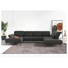 Wohnlandschaft Inosign "Coco U-Form" Sofas Gr. B/H/T: 382 cm x 88 cm x 242 cm, Feincord, mega-Recamiere links, ohne Sitztiefenverstellung-ohne Armteilverstellung-ohne Kopfteilverstellung-ohne Federkern, grau (anthrazit) Sitztiefen-, Arm- und Kopfteilverstellung, Cord-Bezug, Fußhöhe 15 cm