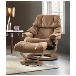 Relaxsessel stressless "Reno" Sessel Gr. Leder BATICK, Classic Base Eiche-L, Relaxfunktion-Drehfunktion-PlusTMSystem-Gleitsystem, B/H/T: 88cm x 98cm x 78cm, braun (latte batick) mit Hocker, Classic Base, Größe S, M & L, Gestell Eiche