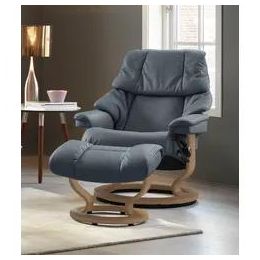 Relaxsessel stressless "Reno" Sessel Gr. Leder BATICK, Classic Base Eiche-M, Relaxfunktion-Drehfunktion-PlusTMSystem-Gleitsystem, B/H/T: 79cm x 98cm x 75cm, blau (atlantic blue batick) mit Hocker, Classic Base, Größe S, M & L, Gestell Eiche