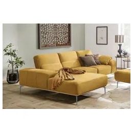 Ecksofa W.Schillig "run" Sofas Gr. B/H/T: 299cm x 88cm x 178cm, Longlife Xtra-Leder Z73, Recamiere links, mit Sitztiefenverstellung, gelb (sunrise z73) mit elegantem Holzsockel, Füße in Silber matt, Breite 299 cm