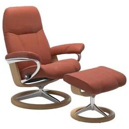 Relaxsessel stressless "Consul" Sessel Gr. Leder PALOMA, Signature Base Eiche, BalanceAdaptTM-PlusTMSystem-Gleitsystem-Relaxfunktion-Drehfunktion-Kopfstützenverstellung-Rückteilverstellung, B/H/T: 82cm x 102cm x 72cm, rot (henna paloma) mit Hocker, Signature Base, Größe M, Gestell Eiche