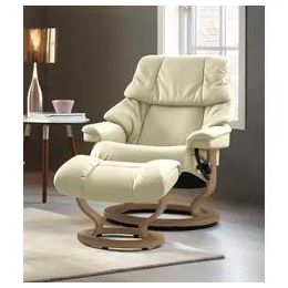 Relaxsessel stressless "Reno" Sessel Gr. Leder PALOMA, Classic Base Eiche-S, Relaxfunktion-Drehfunktion-PlusTMSystem-Gleitsystem, B/H/T: 75cm x 96cm x 75cm, beige (vanilla paloma) mit Hocker, Classic Base, Größe S, M & L, Gestell Eiche