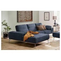 Ecksofa W.Schillig "run" Sofas Gr. B/H/T: 299cm x 88cm x 178cm, Stoff S37, Recamiere links, mit Sitztiefenverstellung, blau (dunkelblau s37) mit elegantem Holzsockel, Füße in Chrom glänzend, Breite 299 cm