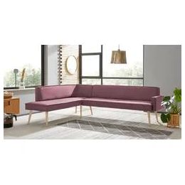 Eckbank exxpo - SOFA FASHION "Lungo, moderne Kedernaht, bequem und elegant, hoher Holzfuß" Sitzbänke Gr. B/H/T: 198cm x 84cm x 260cm, Veloursstoff, langer Schenkel rechts, lila hochwertige Detailverarbeitung, frei im Raum stellbar